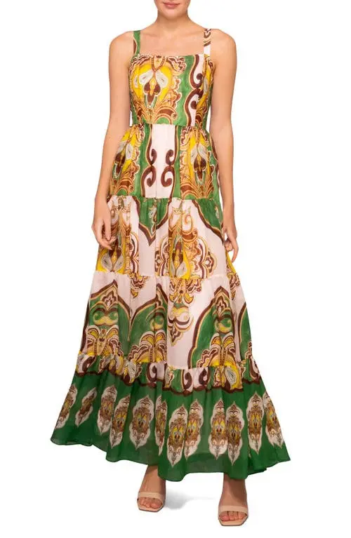 MELLODAY Tiered Maxi Dress - Green Multi