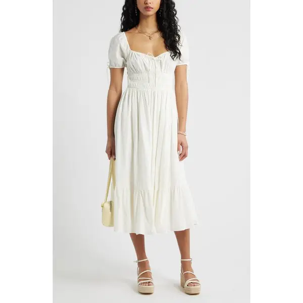 Bp. Puff Sleeve Cotton Polka Dot Midi Dress - Ivory