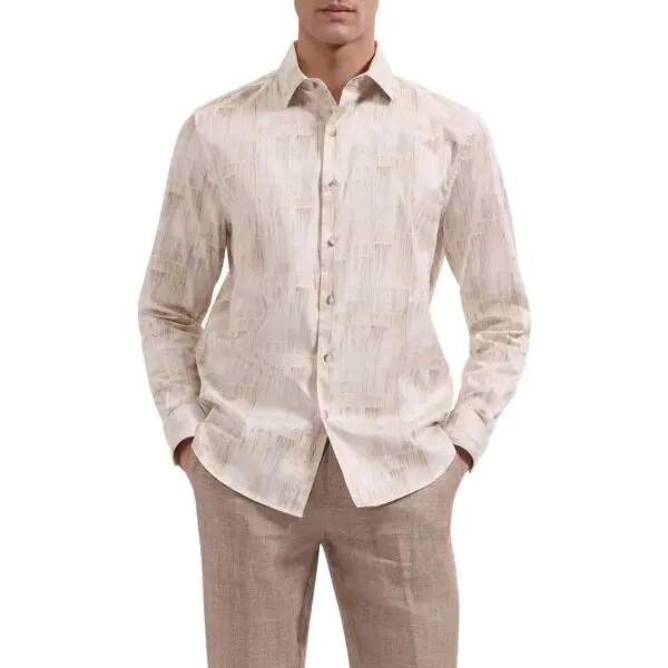 Bugatchi Julian Shaped Fit Brushstroke Print Stretch Cotton Button-up Shirt - Almond