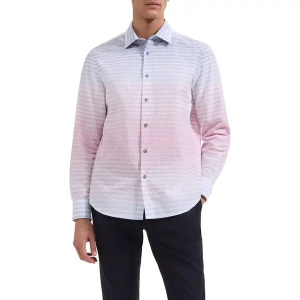 Bugatchi Julian Shaped Ombré Cotton Seersucker Button-up Shirt - Dusty Pink