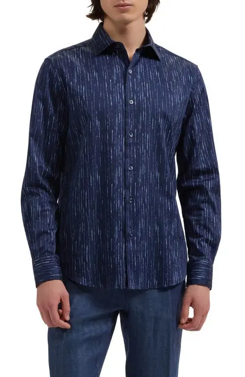 Bugatchi Axel Shaped Fit Chalk Stripe Stretch Cotton Button-up Shirt - Navy