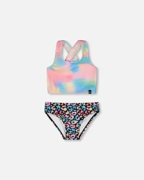 DEUX PAR DEUX Two-piece Crossed Straps Sporty Crop Top Swimsuit - Multicolor