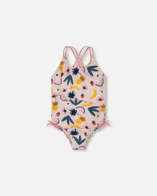 DEUX PAR DEUX One-piece Double Crossed Straps Fruits Swimsuit - Pink Printed Fruits