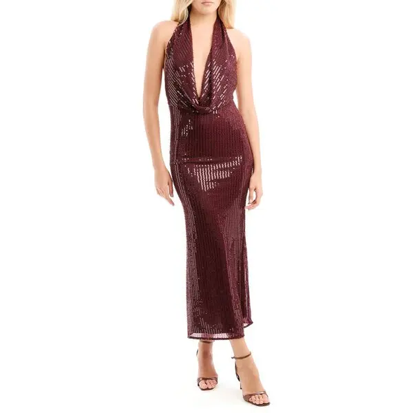 Bardot Nola Beaded Sequin Cowl Halter Maxi Dress - Deep Plum