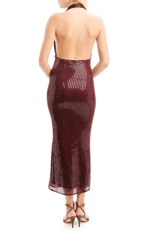 Bardot Nola Beaded Sequin Cowl Halter Maxi Dress - Deep Plum