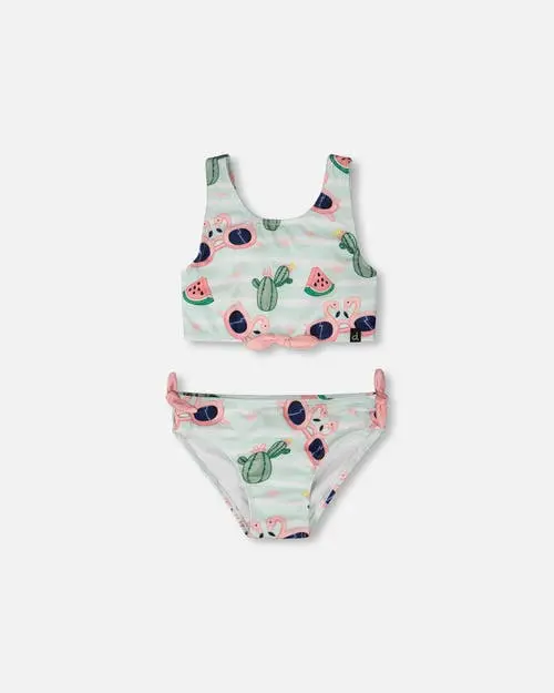 DEUX PAR DEUX Flamingo And Cactus Print Two-piece Swimsuit - Blue Flamingo And Cactus Print