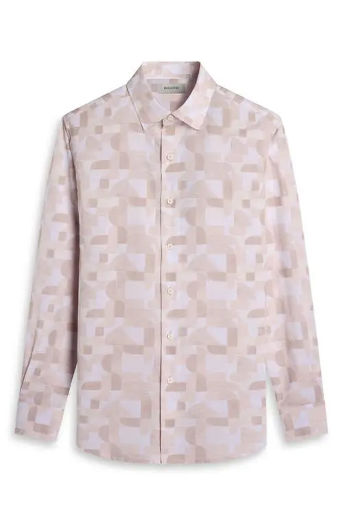 Bugatchi Julian Shaped Fit Abstract Geometric Print Cotton & Linen Button-up Shirt - Desert