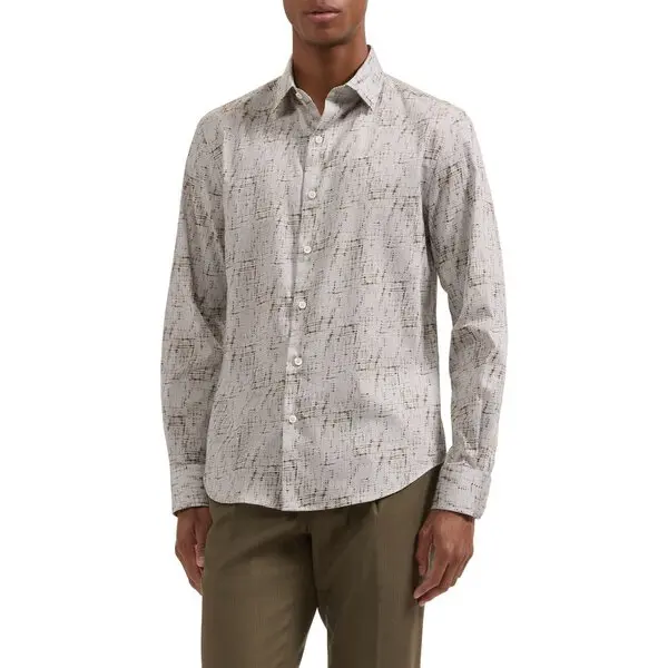 Bugatchi Julian Shaped Fit Abstract Geo Print Stretch Cotton Button-up Shirt - Khaki