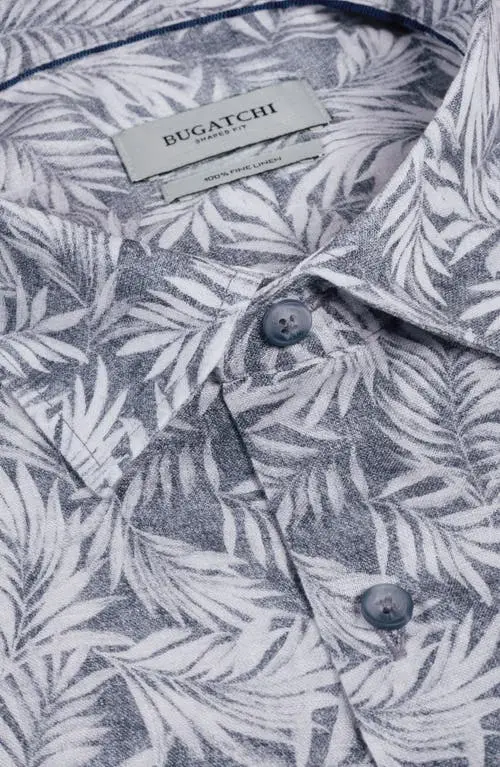 Bugatchi Julian Shaped Fit Palm Leaf Print Linen Button-up Shirt - Navy