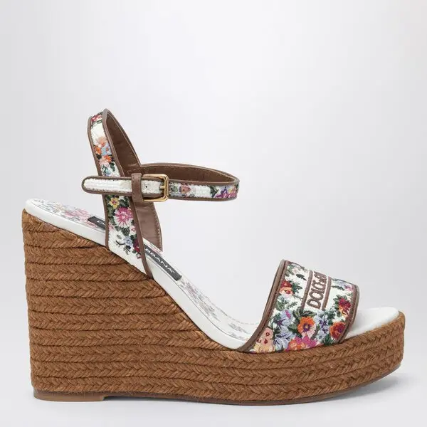 Dolce & Gabbana Wedge Sandals With Floral Embroidery And Logo Detail - White