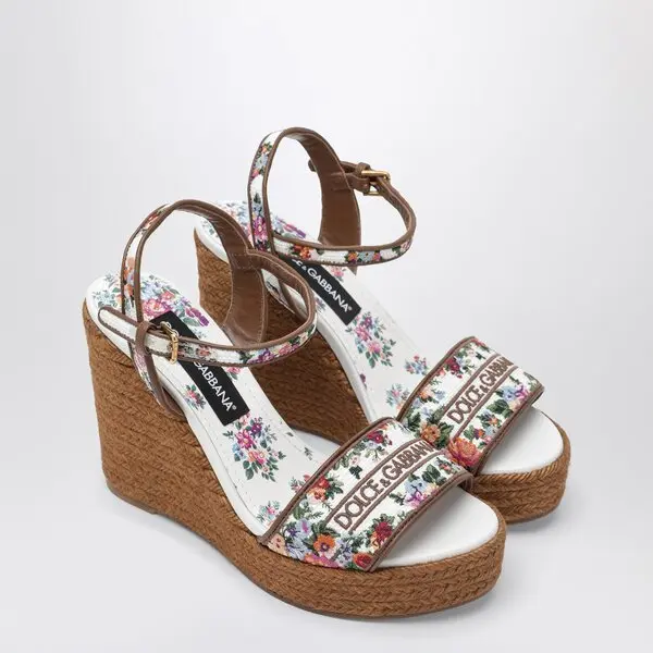 Dolce & Gabbana Wedge Sandals With Floral Embroidery And Logo Detail - White