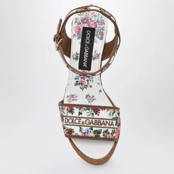 Dolce & Gabbana Wedge Sandals With Floral Embroidery And Logo Detail - White