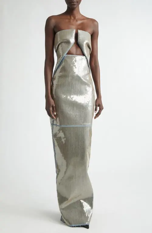Rick Owens Temple Prong Sequin Stretch Denim Cutout Strapless Gown - Blue/sand