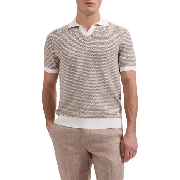 Bugatchi Striped Johnny Collar Sweater - Camel