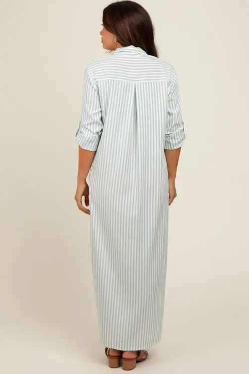 PINKBLUSH Striped Button Down Maxi Dress - Light Olive