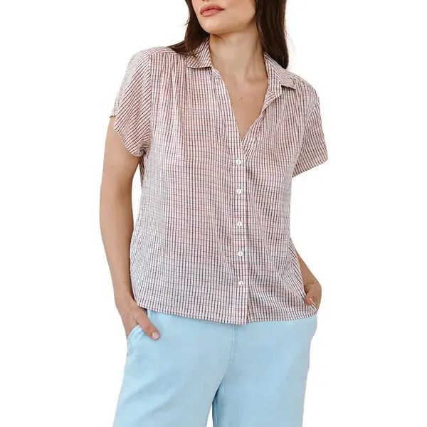Bella Dahl Check Shirred Short Sleeve Button-up Shirt