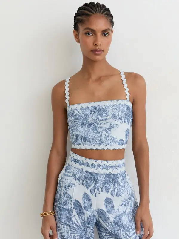 REISS Mila Linen Wave-trim Cropped Cami Top - Blue