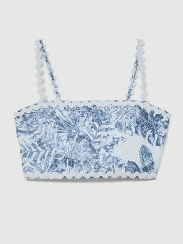 REISS Mila Linen Wave-trim Cropped Cami Top - Blue