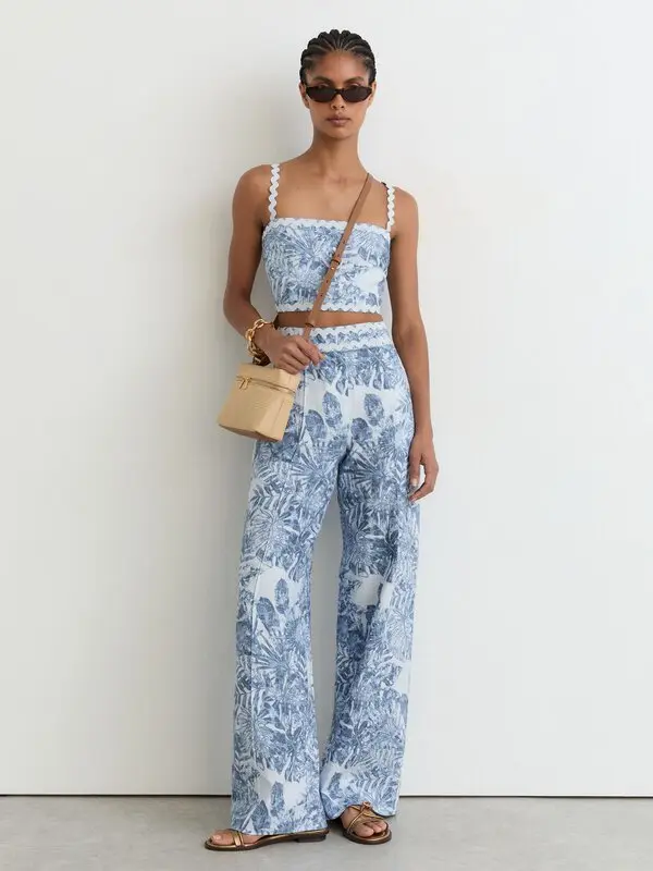 REISS Mila Linen Wave-trim Cropped Cami Top - Blue