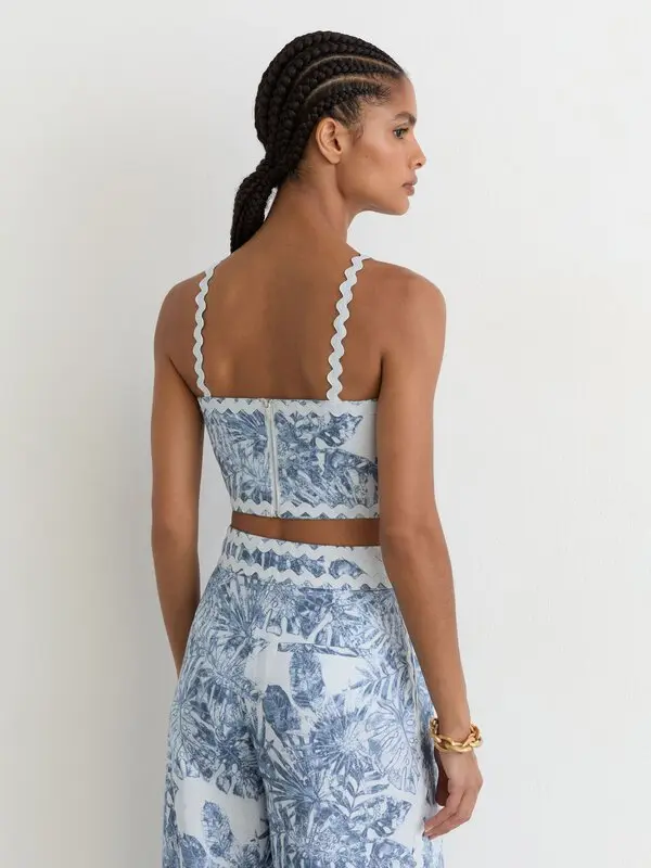 REISS Mila Linen Wave-trim Cropped Cami Top - Blue