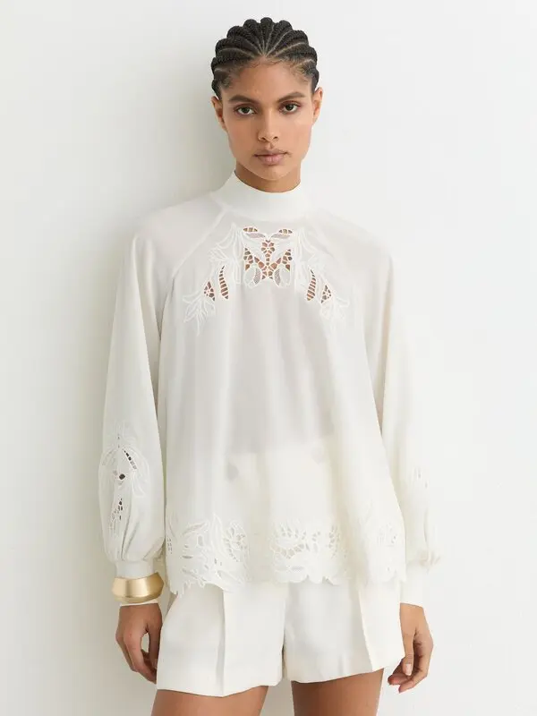 REISS Rae Broderie Blouson-sleeve Blouse
