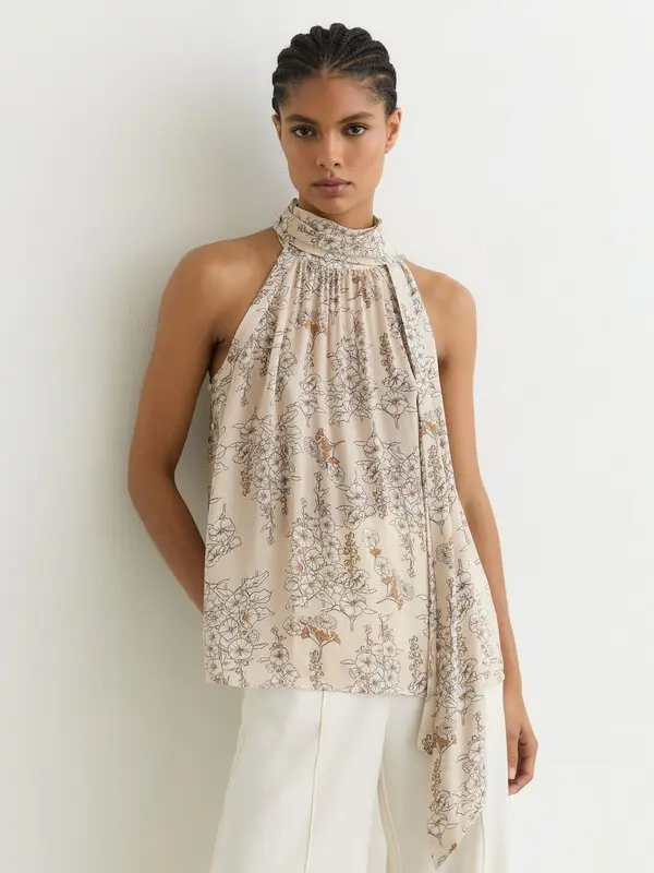 REISS Josie Floral-print Scarf-neck Top - Cream