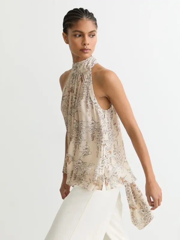 REISS Floral-print Scarf-neck Top