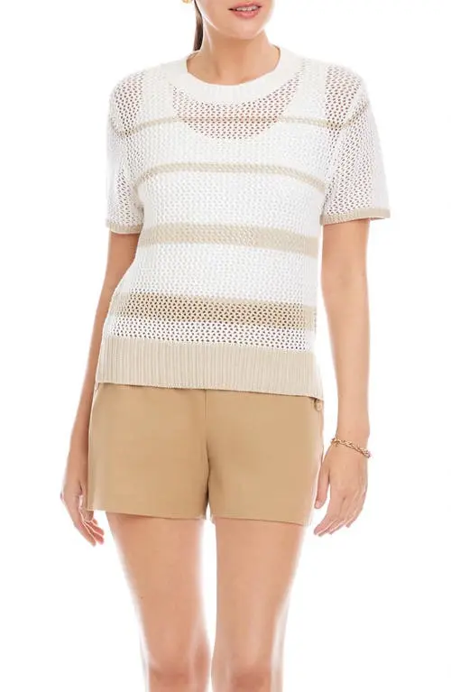 Fifteen Twenty Faye Stripe Short Sleeve Mesh Stitch Sweater - Cream/khaki