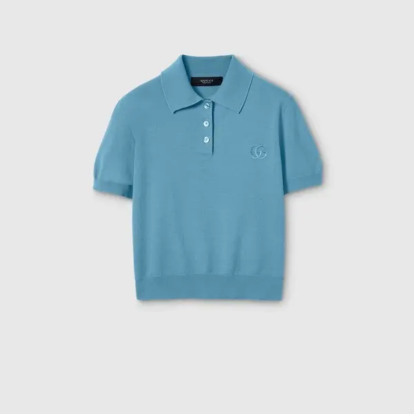 Gucci Knit Polo Shirt With Double G Embroidery - Blue