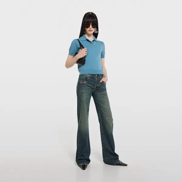 Gucci Knit Polo Shirt With Double G Embroidery - Blue
