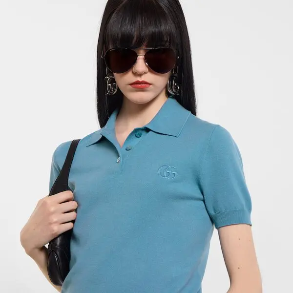 Gucci Knit Polo Shirt With Double G Embroidery - Blue