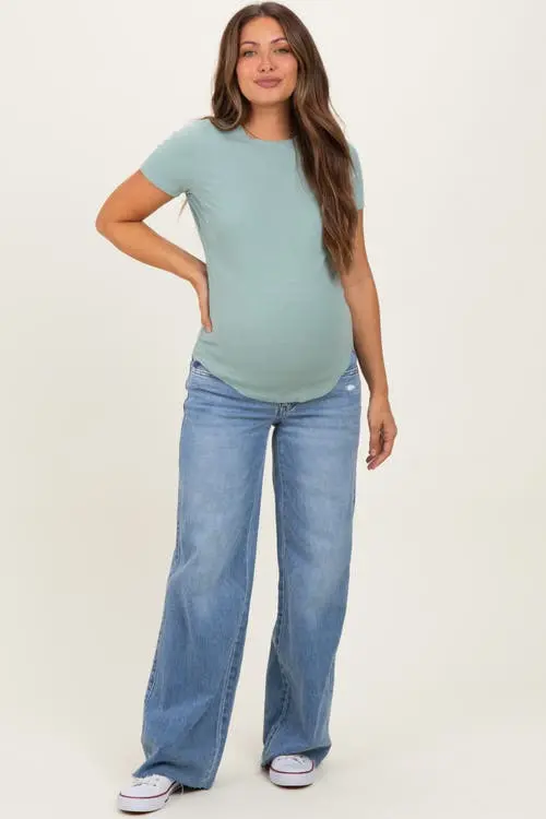 PINKBLUSH Mid Rise Wide Leg Maternity Jeans - Blue