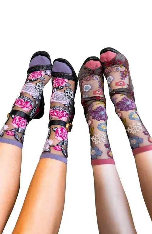 SOCK CANDY Midnight Blooms Sheer Crew Socks