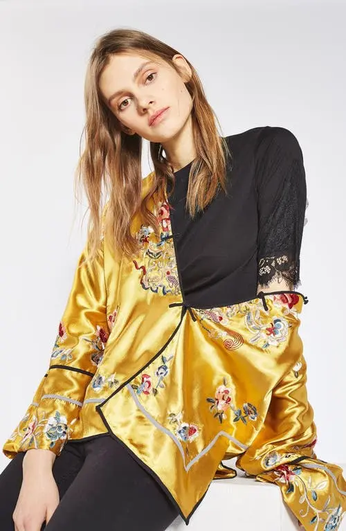 Topshop Embroidered Satin Kimono Jacket