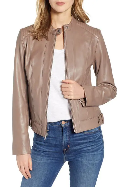 Cole Haan Leather Moto Jacket - Taupe