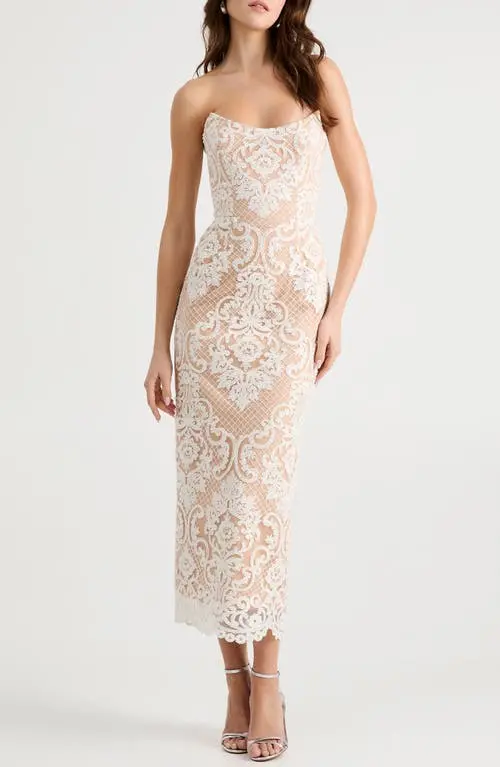 HELSI Kendall Beaded Lace & Mesh Column Dress - Off White/nude