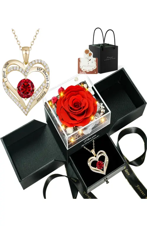 LOVERY Valentines Preserved Red Rose With Led Lights & 14k Gold Plated Double Heart Ruby Necklace - Black/ Red