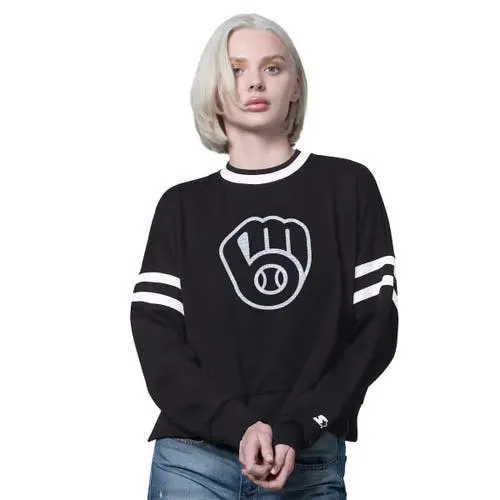 STARTER Milwaukee Brewers Rally Cropped Crewneck Sweatshirt - Black