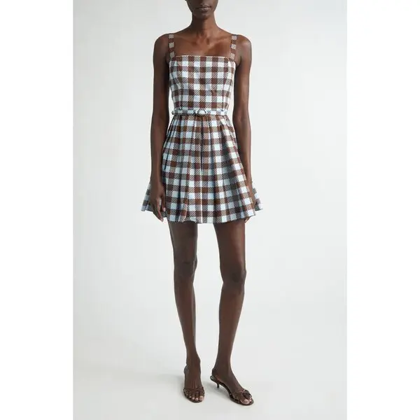 Oscar De La Renta Gingham Cotton Stretch Poplin Fit & Flare Minidress - Ice/mahogany