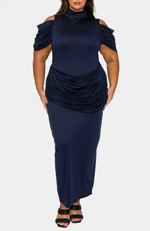 L I V D Seraphina Cold Shoulder Ruched Maxi Dress - Navy