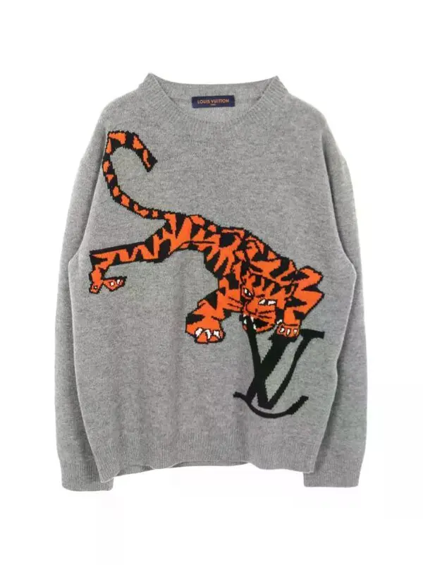 LOUIS VUITTON 2010s Amen Break Tiger Intarsia Knit Crewneck Wool Sweater - Grey
