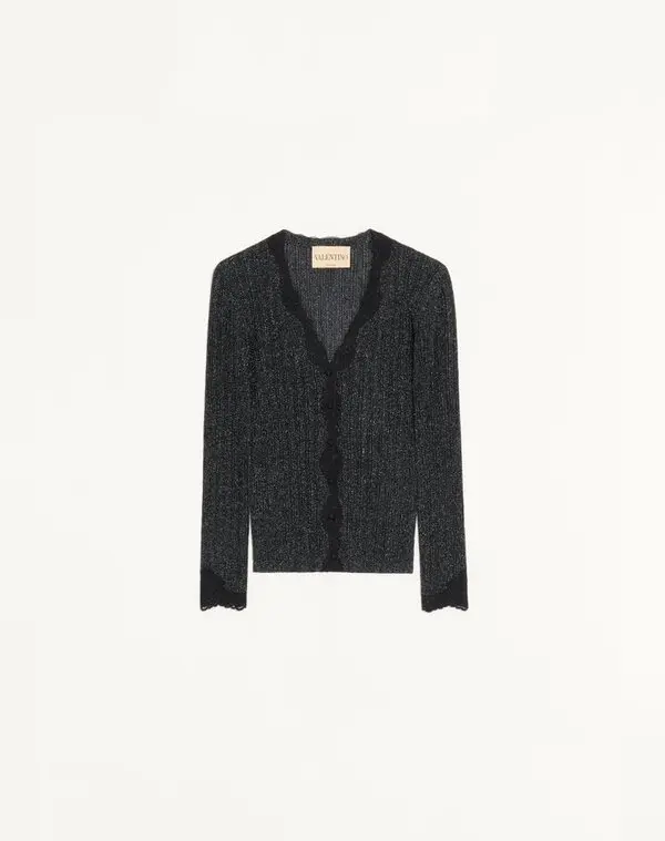 Valentino Garavani Lurex Knit Cardigan With Lace Trim - Black/silver