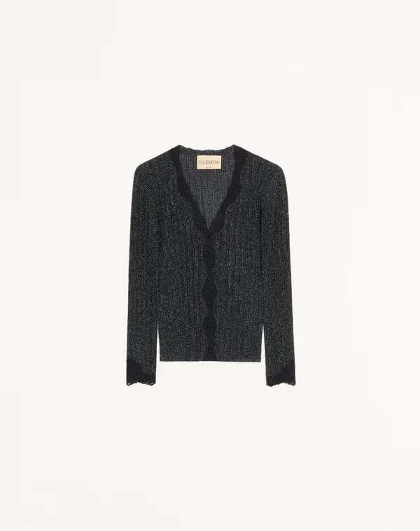 Valentino Garavani Lurex Knit Cardigan With Lace Trim - Black/silver