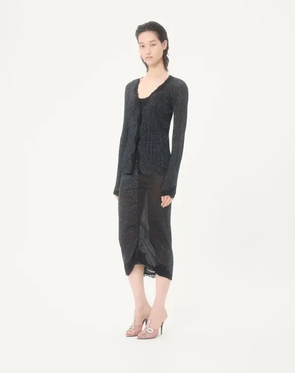 Valentino Garavani Lurex Knit Cardigan With Lace Trim - Black/silver
