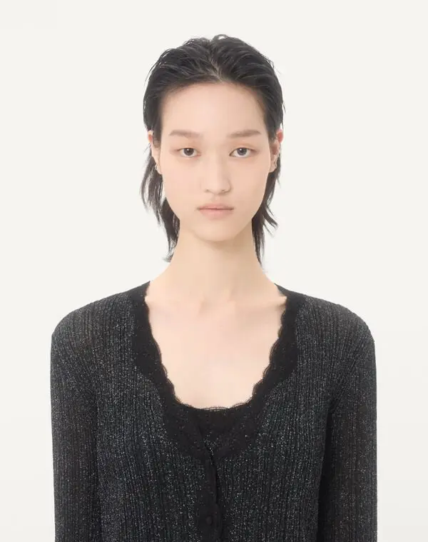 Valentino Garavani Lurex Knit Cardigan With Lace Trim - Black/silver
