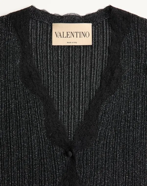 Valentino Garavani Lurex Knit Cardigan With Lace Trim - Black/silver