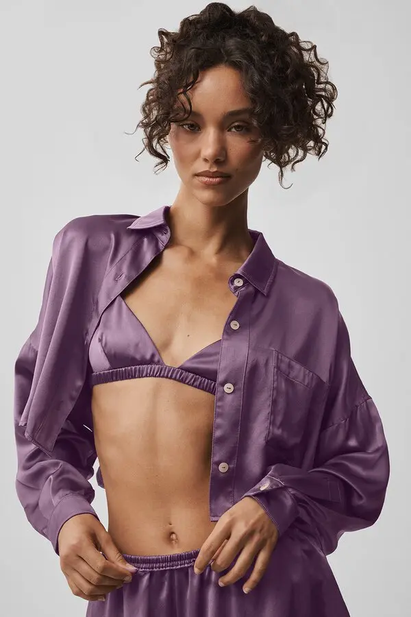 Alo Yoga Silk Luminous Cropped Button Down Long Sleeve Underwear - Plum Kiss
