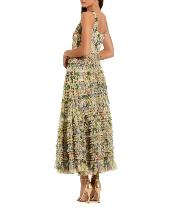Mac Duggal Floral Printed Ruffle Midi Dress - Yellow Multi