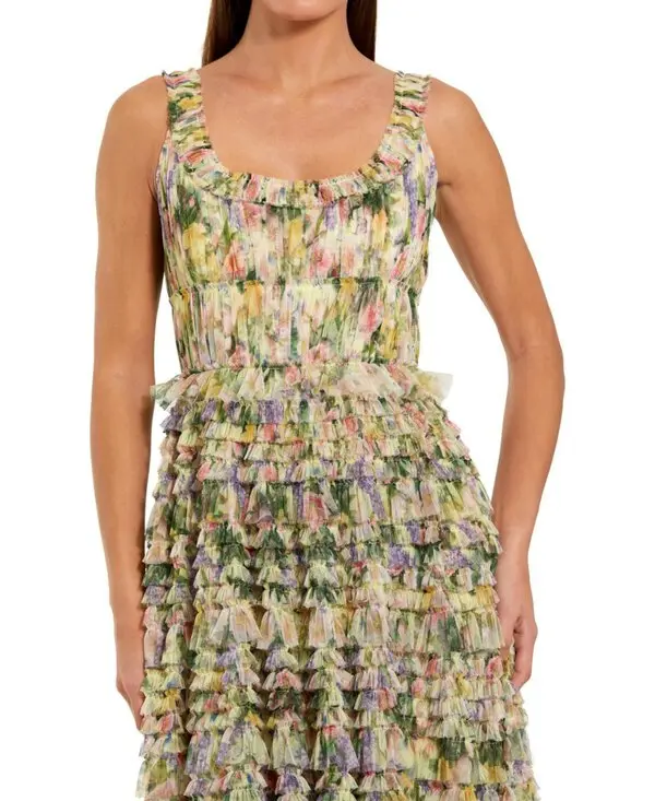 Mac Duggal Floral Printed Ruffle Midi Dress - Yellow Multi