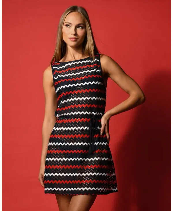 SUNSHINE 79 Zig Zag Knit Shift Dress Cover-up With Tie Detail